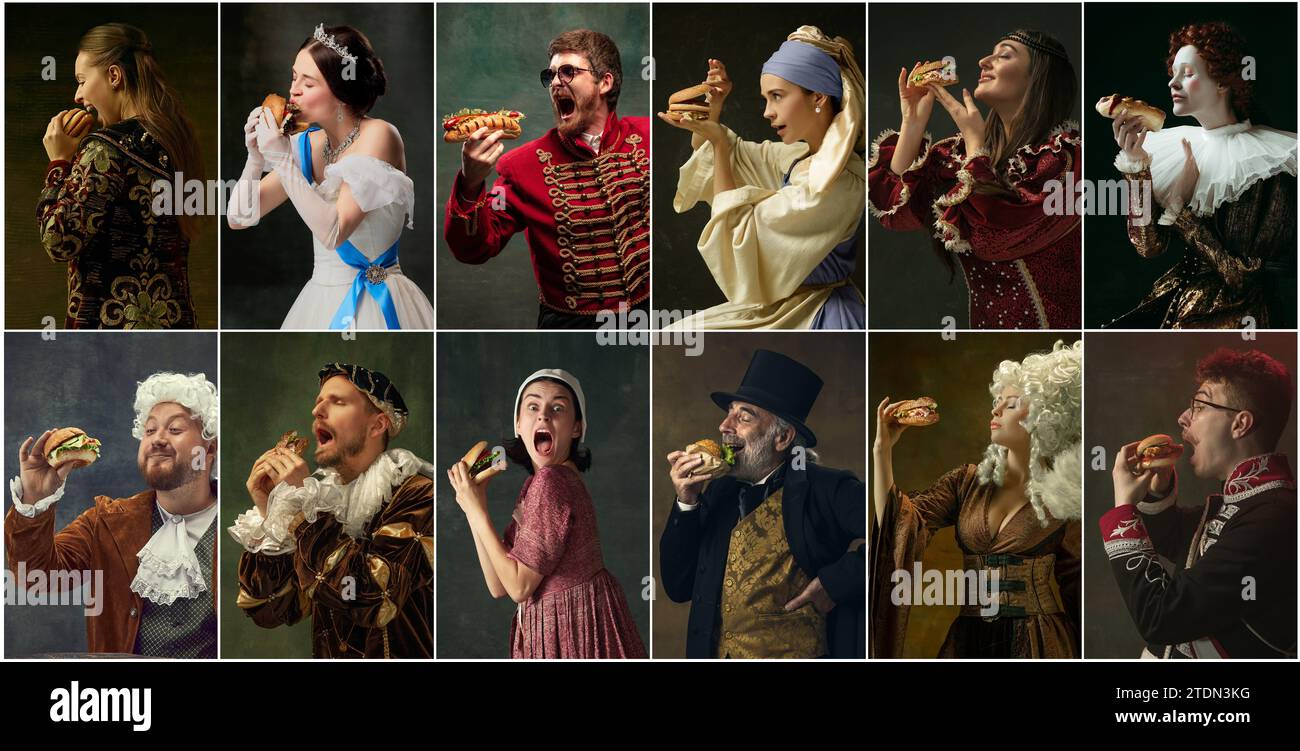 Collage. Medieval people, men and women in vintage dresses eating fast ...