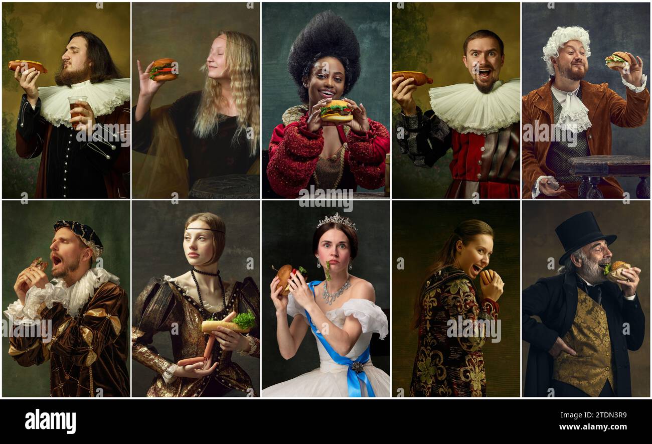 Collage. Medieval people, men and women in vintage costumes eating fast ...