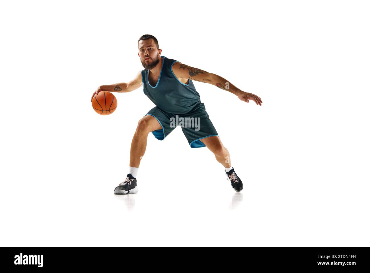 Dynamic portrait of professional basketball player, fit man honing ...