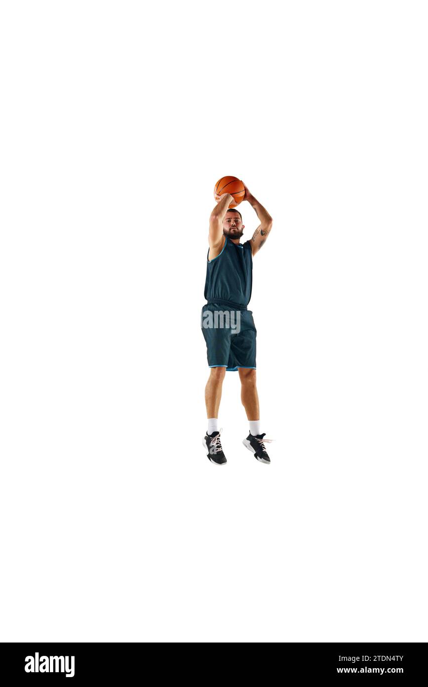 Full length portrait of basketball player workout in motion ...