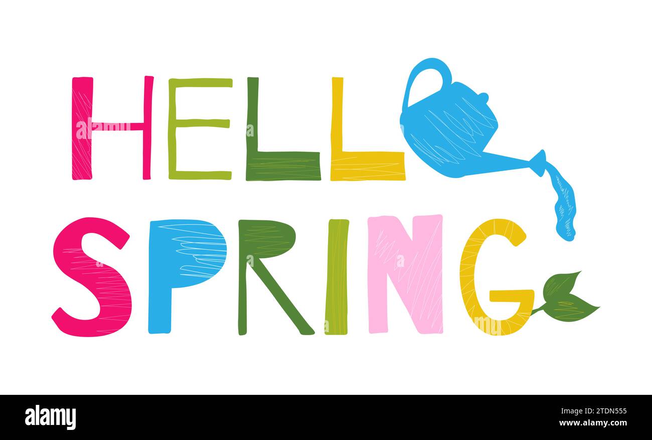 Hello spring lettering with watering can vector illustration Stock ...
