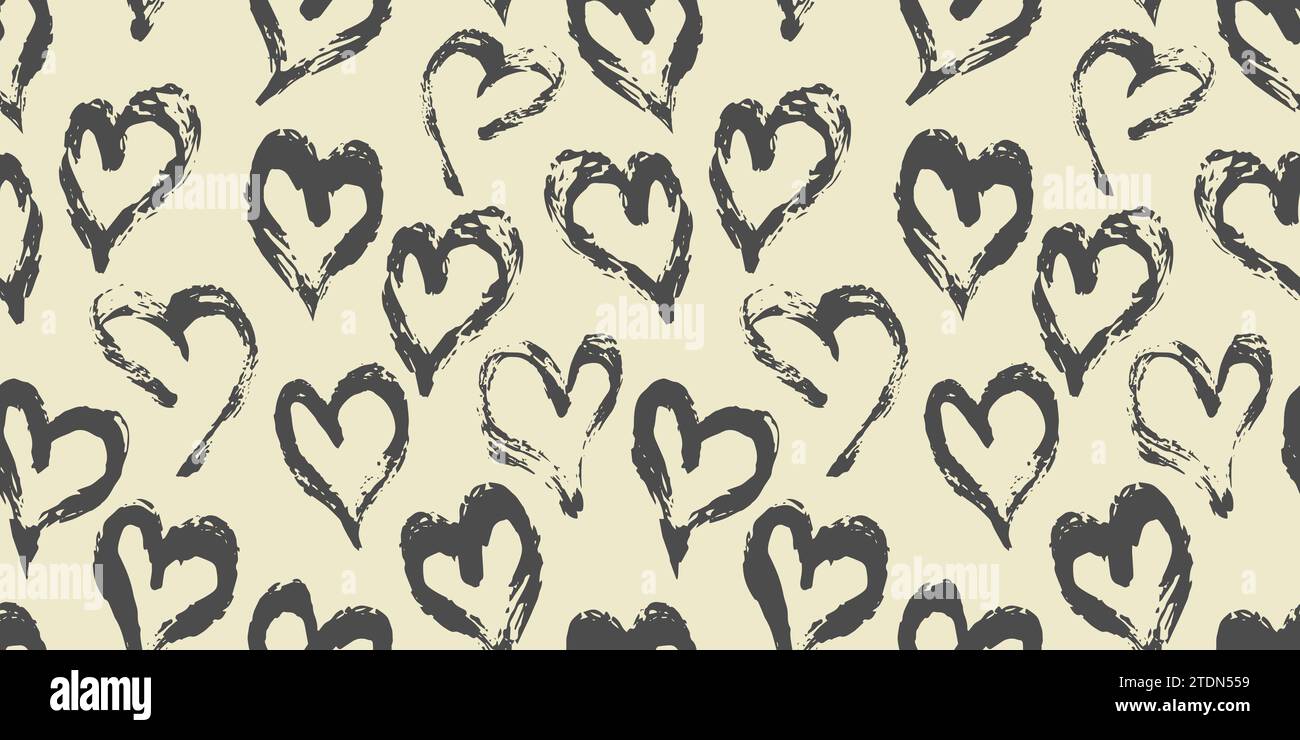 Seamless heart pattern hand painted with ink brush. Vintage style ...