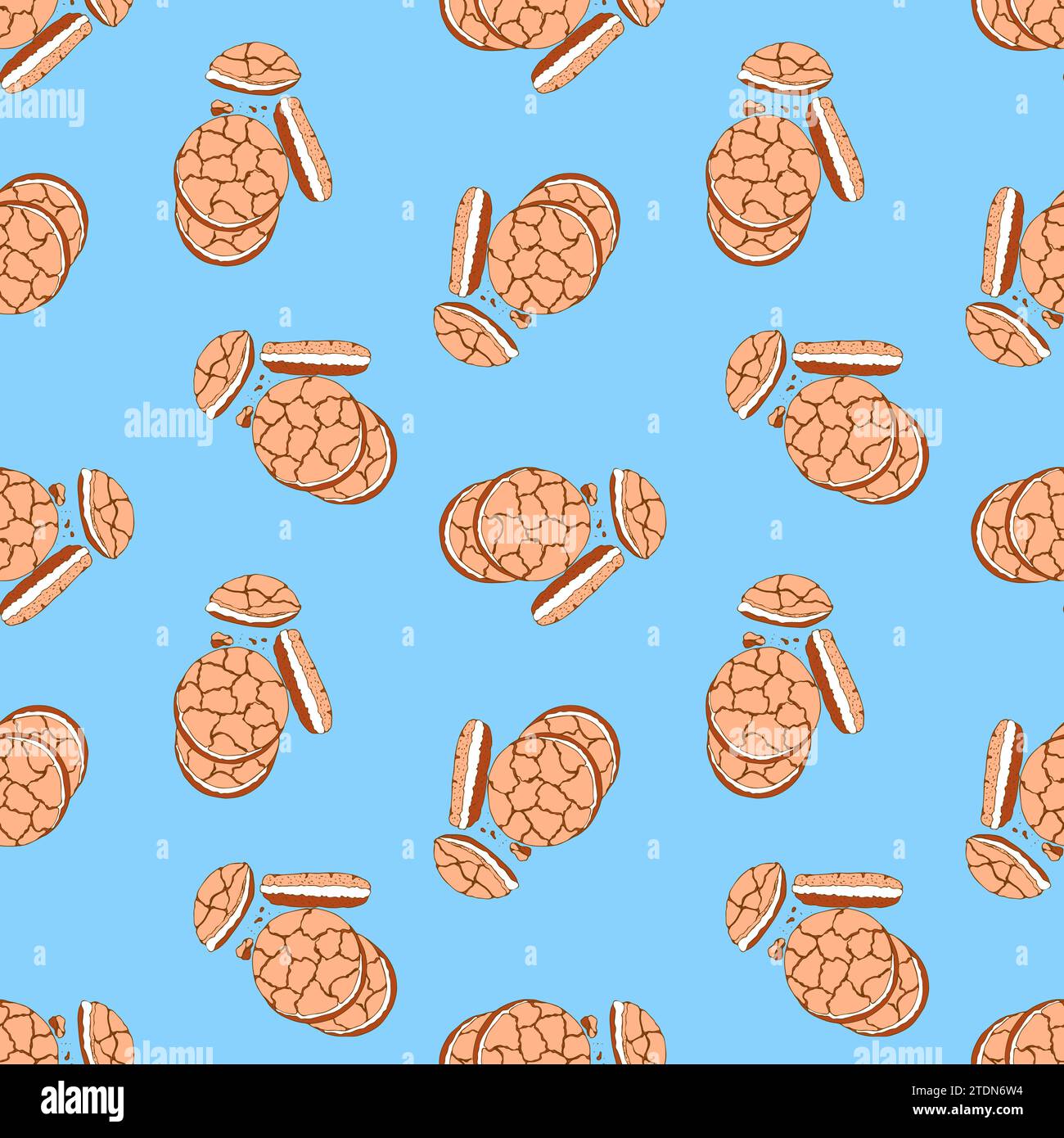 Pattern with hand drawn cookies, color trend 2024 Peach fuzz on blue ...