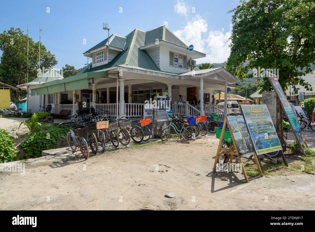 Traditional architecture of buildings in La Passe village, La Digue ...