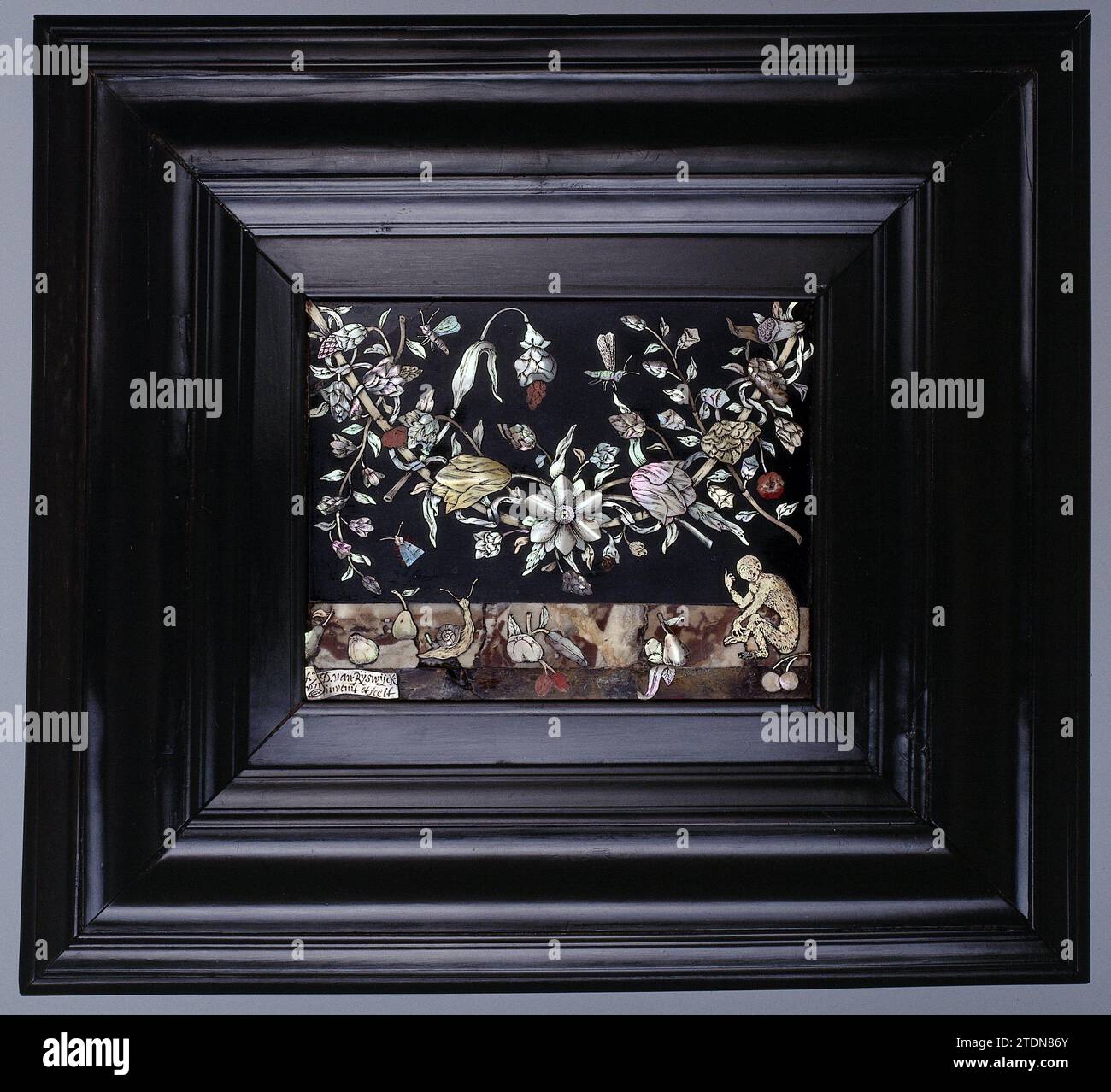 Panel with input representation of a table top with monkey, snail and ...