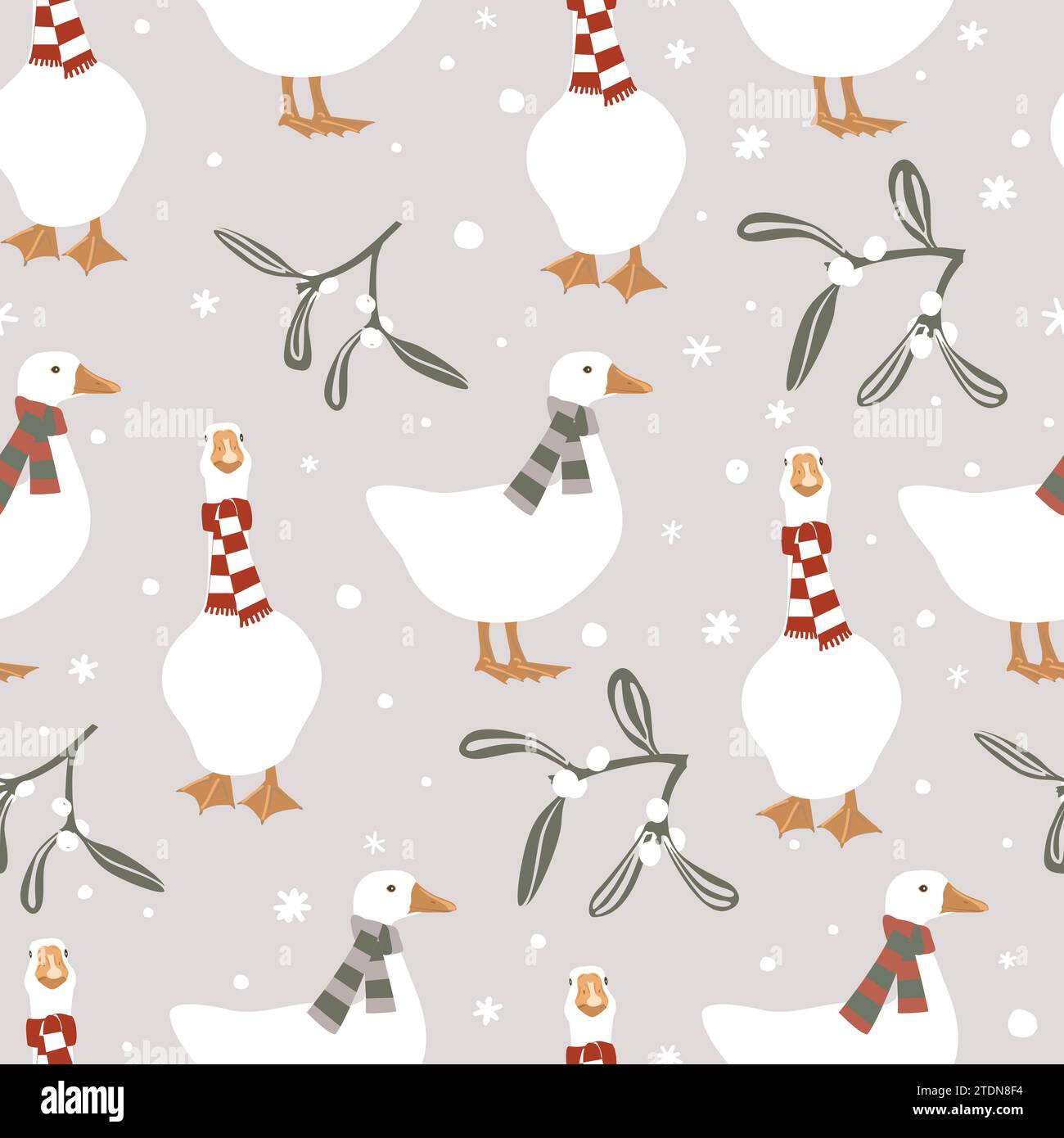 Seamless winter pattern with cute geese in warm scarf. Merry Christmas ...