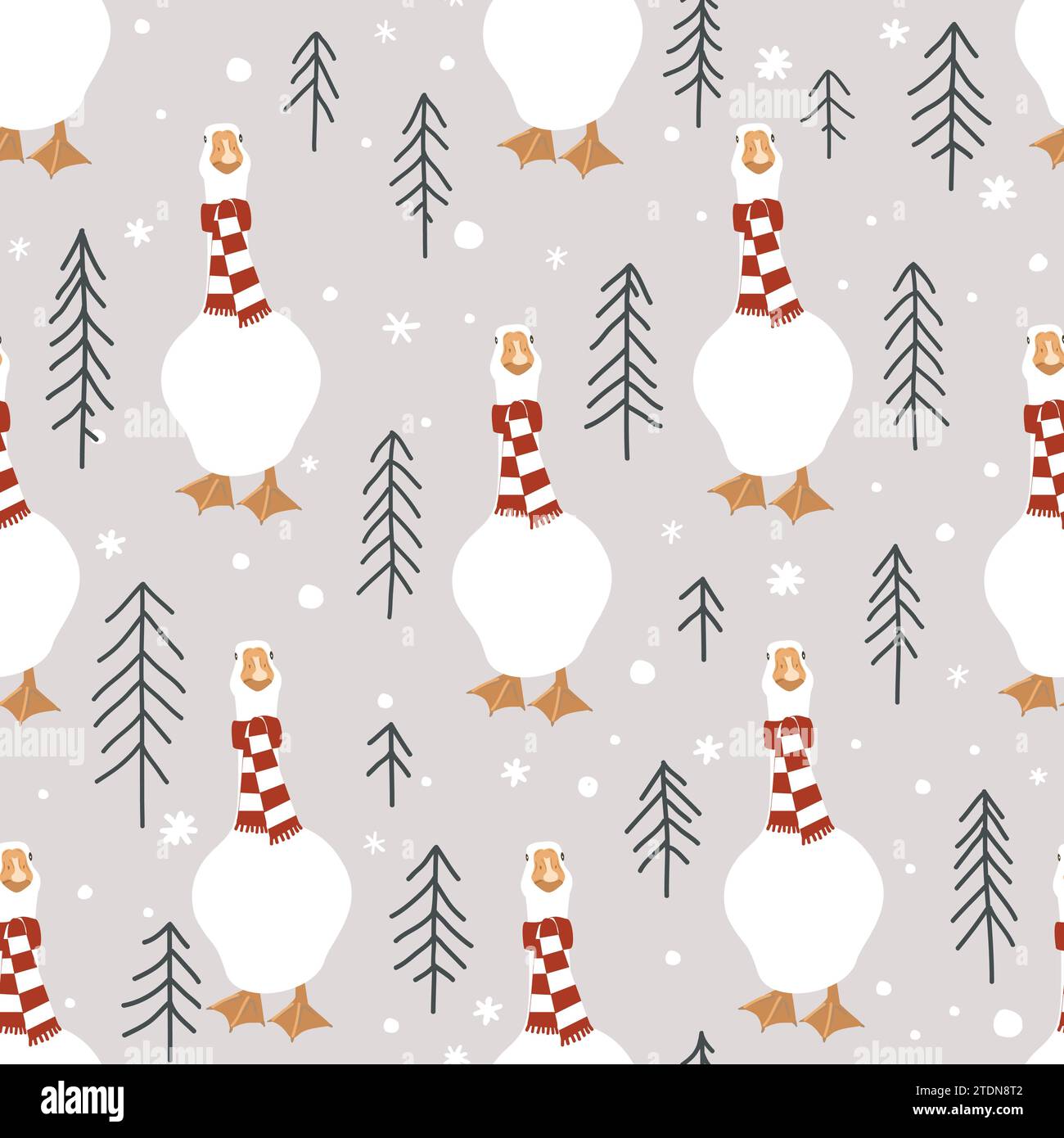 Seamless winter pattern with cute geese and doodle hand drawn pine ...