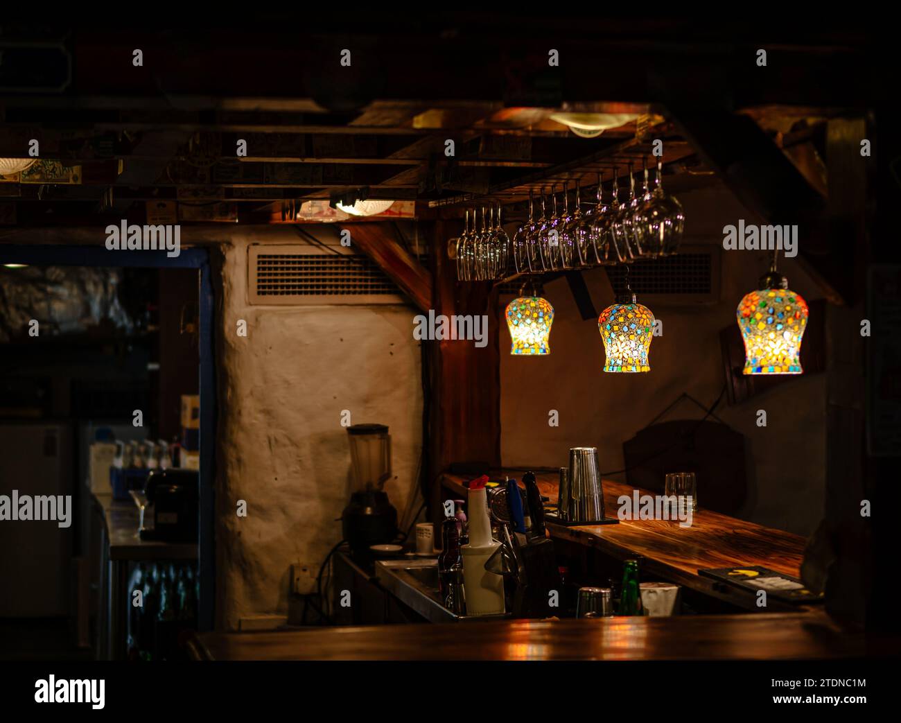 Beautiful interior of modern pub with vintage lights Stock Photo - Alamy