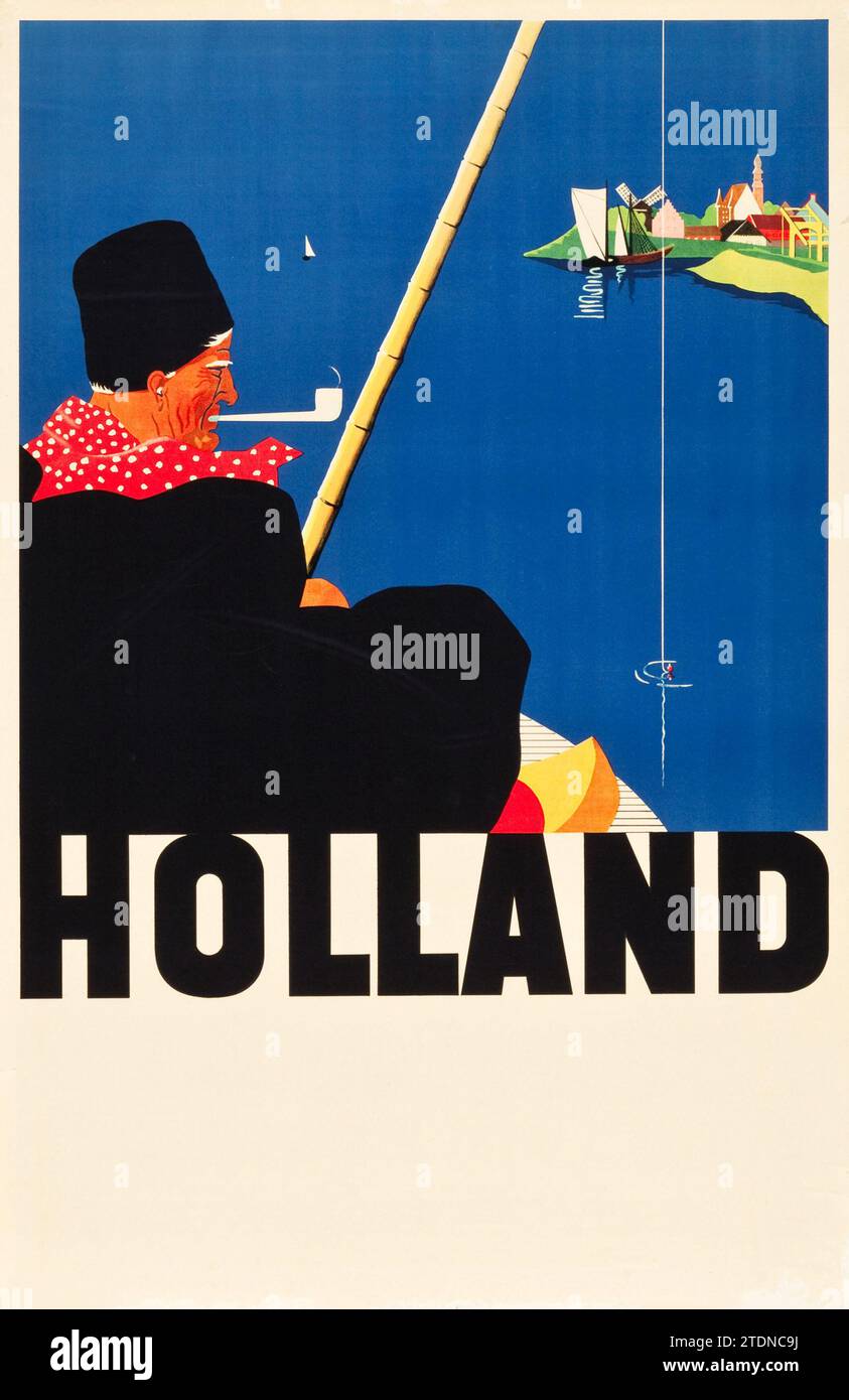 Holland Travel Poster (c. 1930s) Old man fishing Stock Photo - Alamy