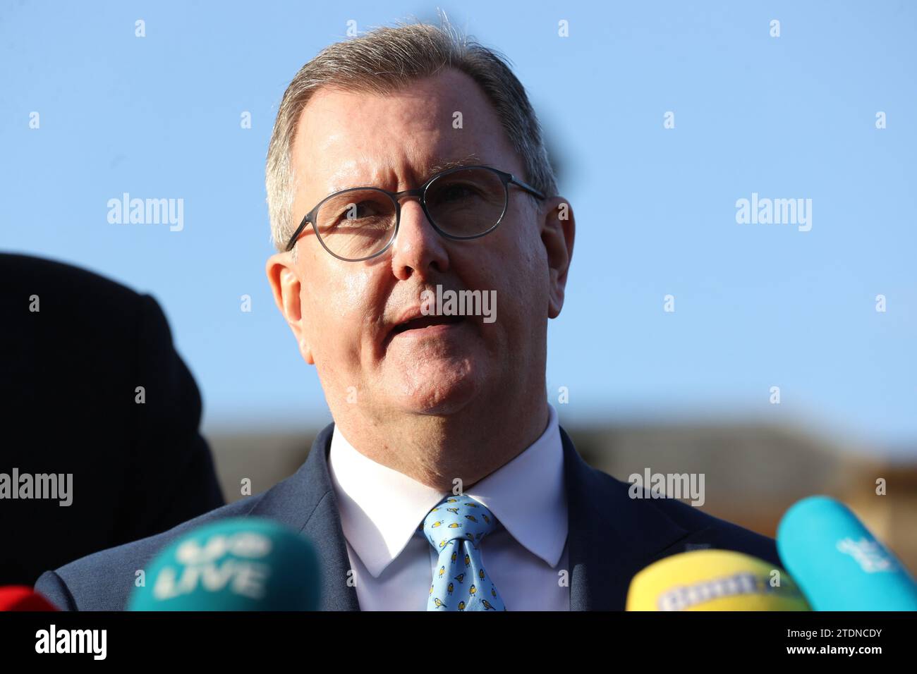 DUP leader Sir Jeffrey Donaldson speaks to the media outside ...