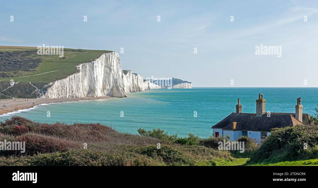 White cliffs, Seven Sisters, beach, house, cottage, Cuckmere Haven ...