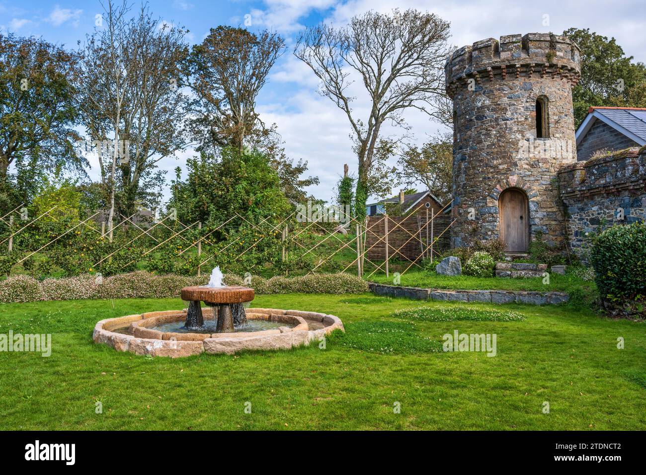 Signalling tower and water fountain in La Seigneurie Gardens, Sark ...
