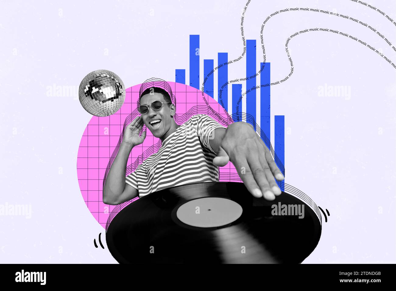 Photo collage creative picture funky dj young guy turn on music vinyl ...