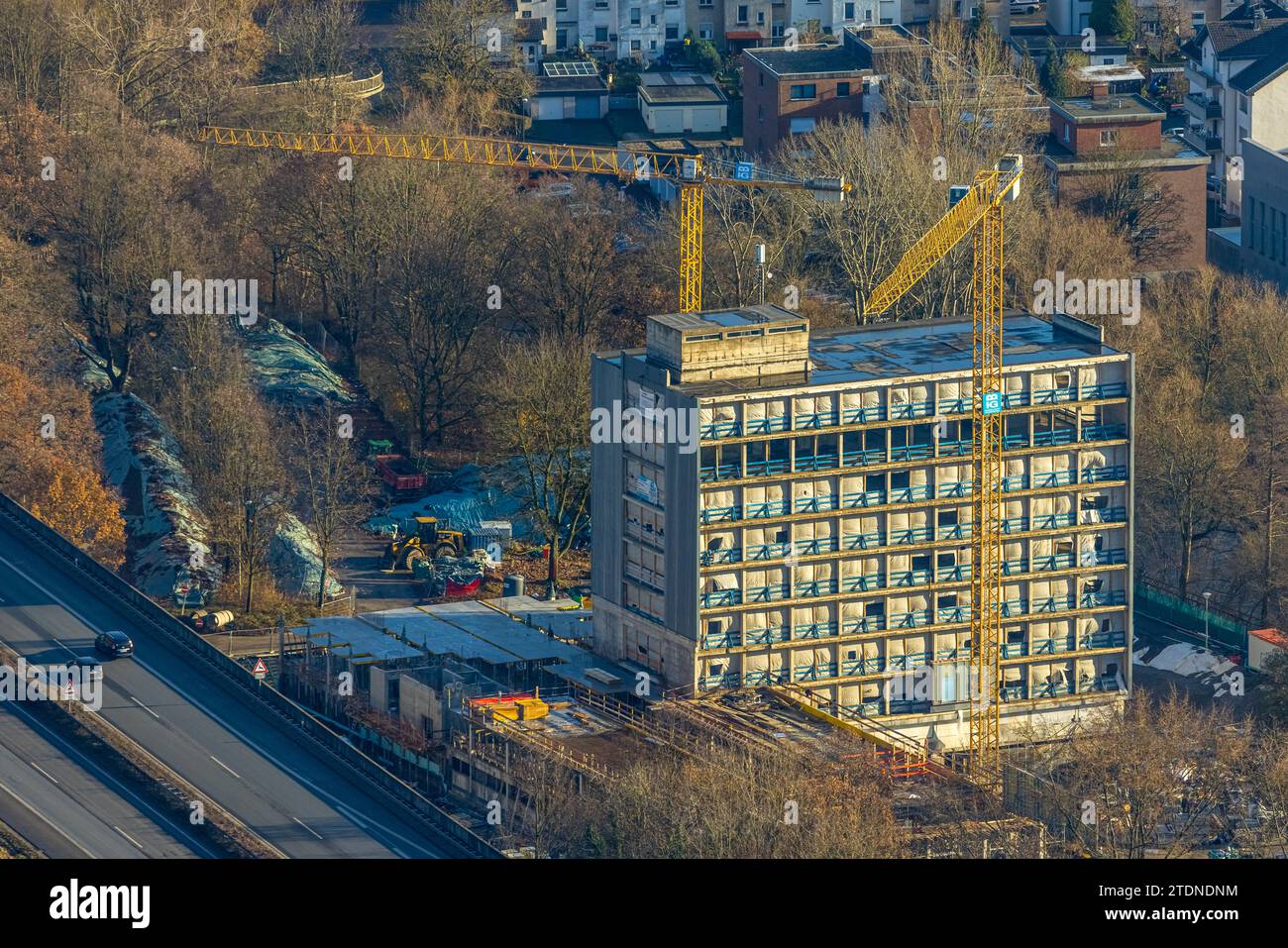 Aerial view, town hall demolition work and construction site with ...