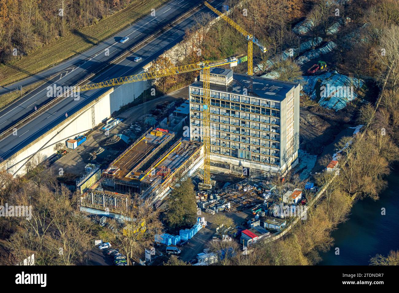 Aerial view, town hall demolition work and construction site with ...
