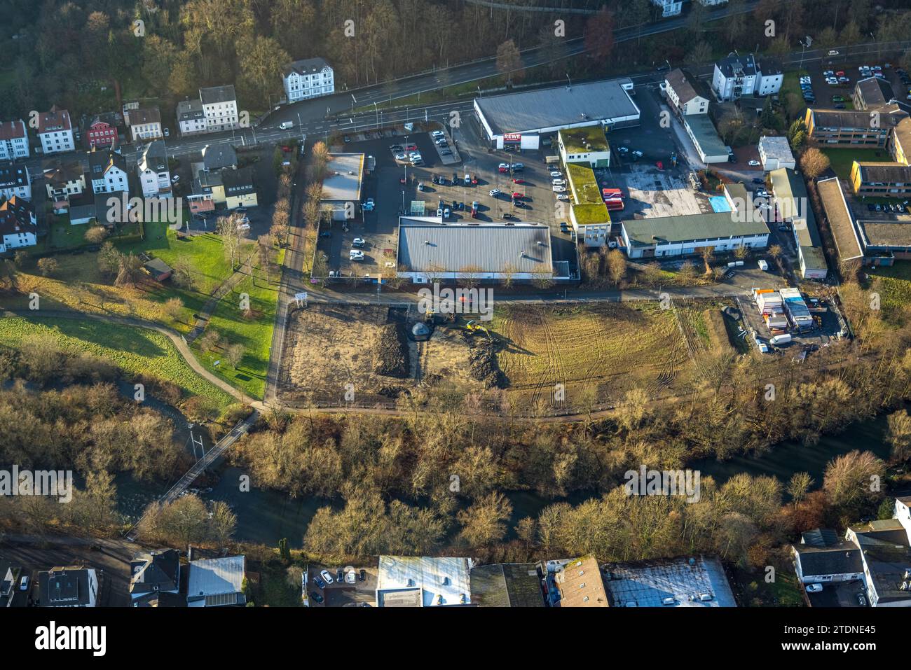 Aerial view, construction site and new building, Rewe and Lidl ...