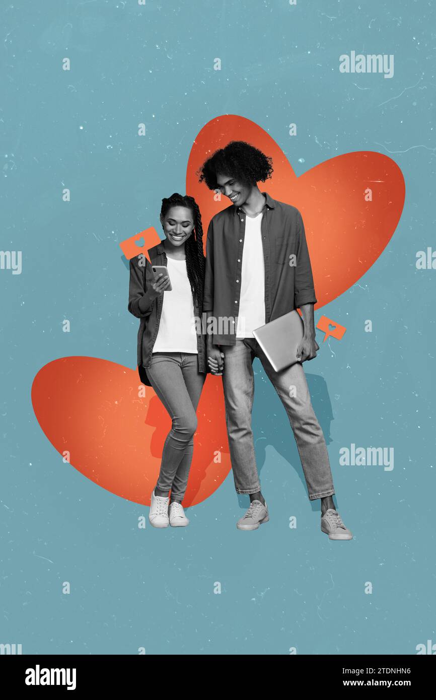 Creative drawing collage picture of funny couple device message ...