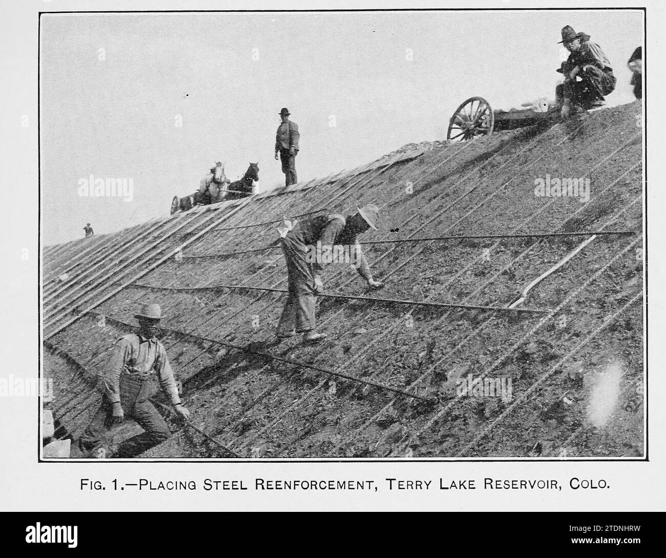 Placing steel reenforcement, Terry Lake. Reservoir, Colorado from the ...