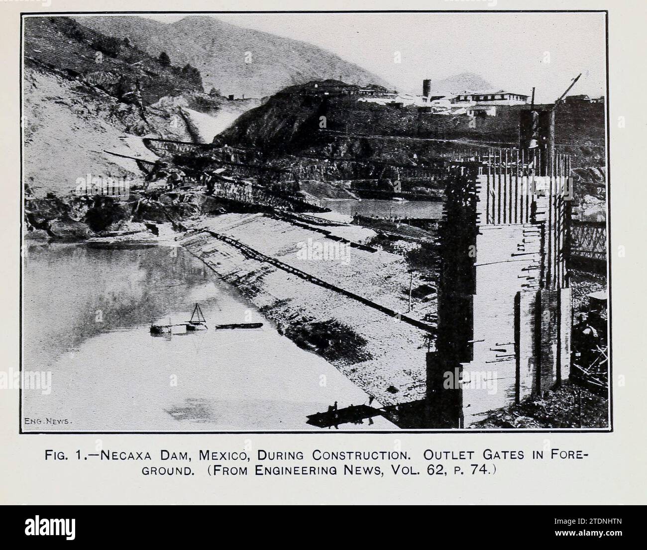 Necaxa Dam, Mexico, during construction. Outlet gates in foreground ...