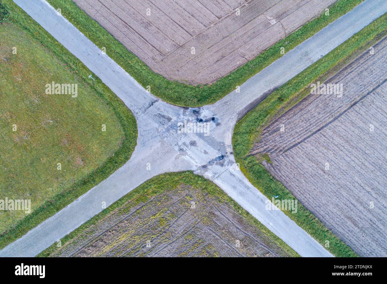 crossroads of roads, aerial view of the intersection of four asphalt ...