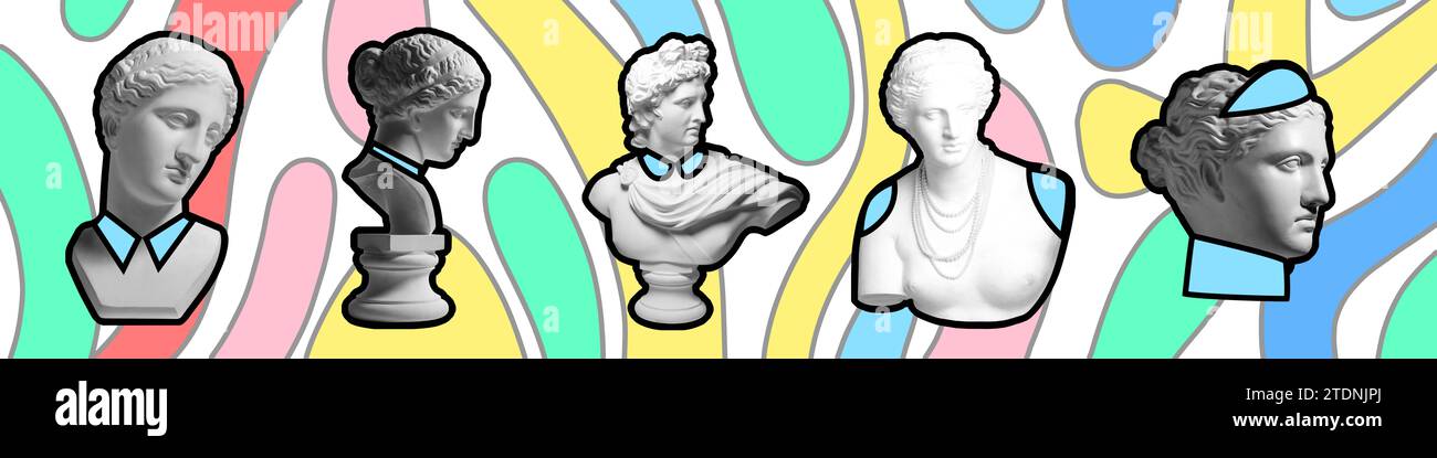 Antique statue bust with drawn cloth elements over multicolored ...