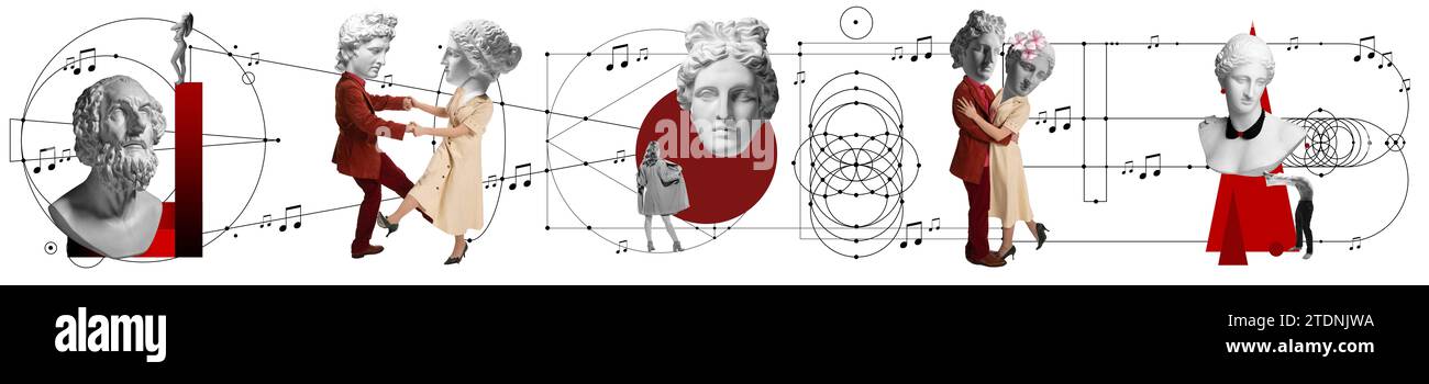 Composition with antique statue busts and people dancing, posing over ...