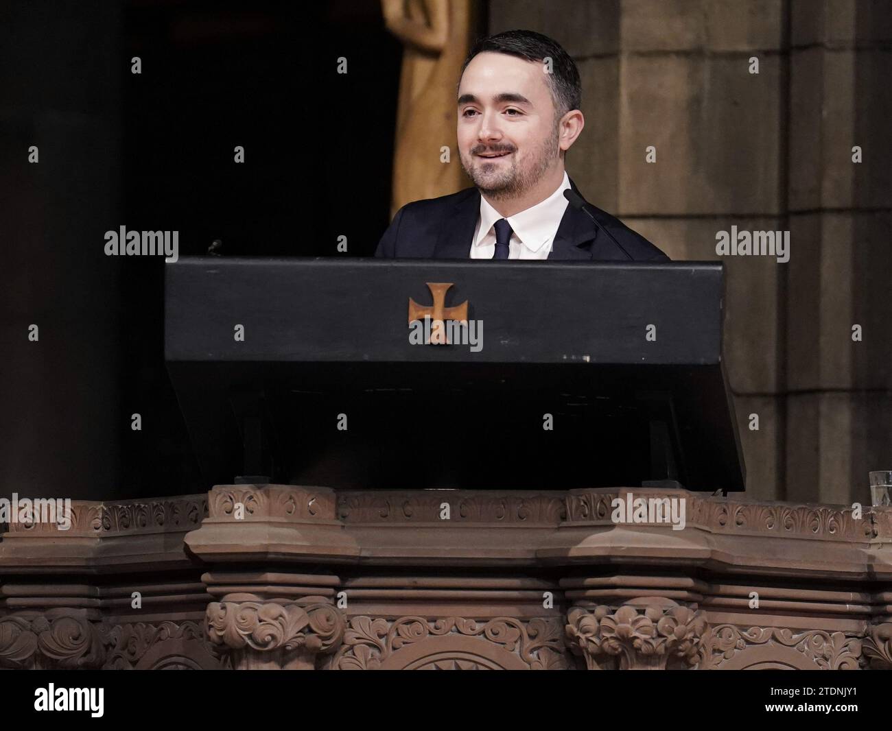 Calum Darling speaks during the memorial service of his father Alistair ...