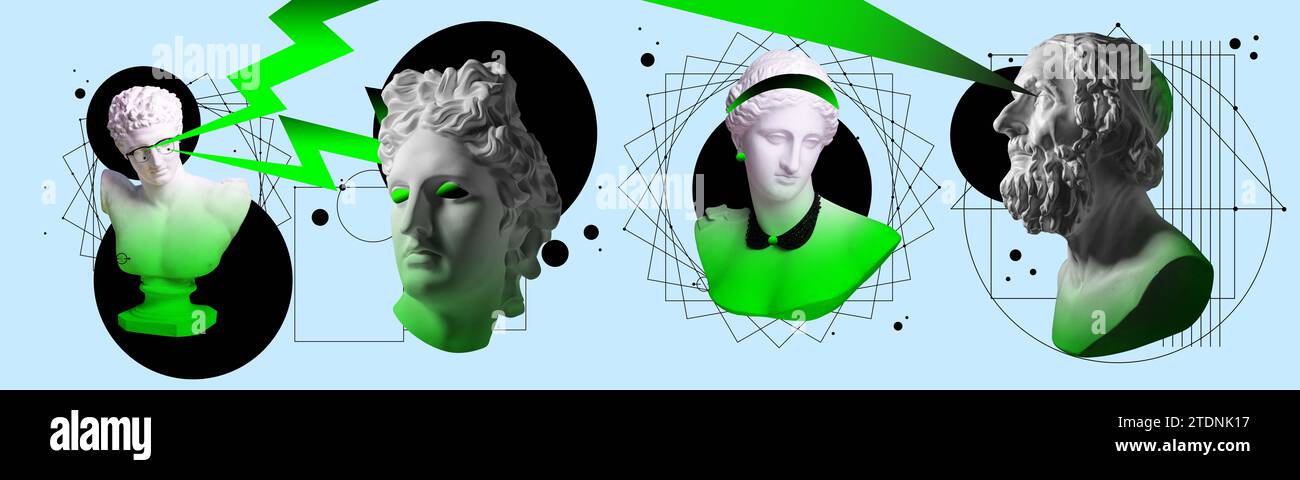 Antique statue bust with neon and geometric elements over blue ...