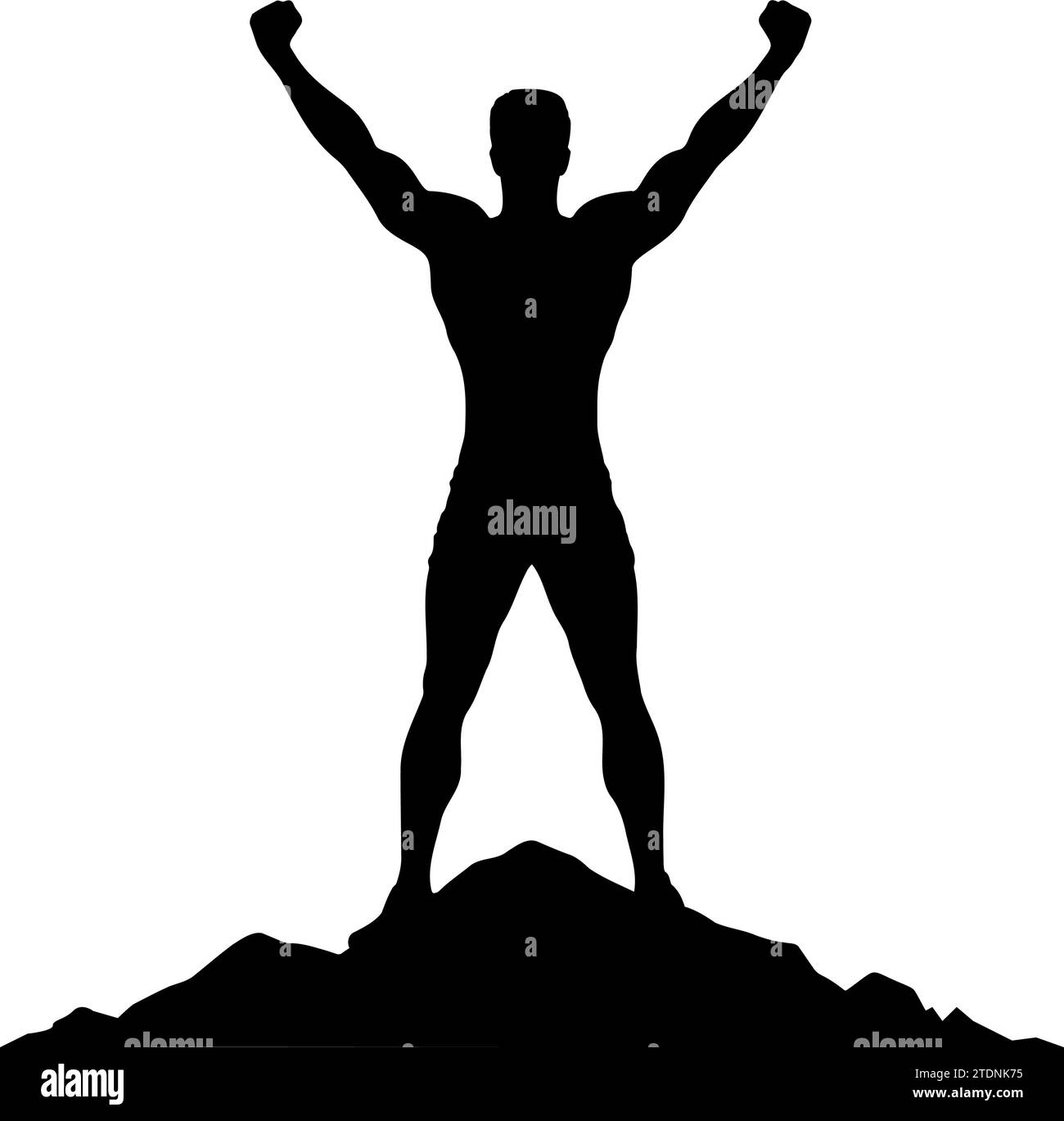 Silhouette of Muscle man standing atop a mountain, raising his arms as ...