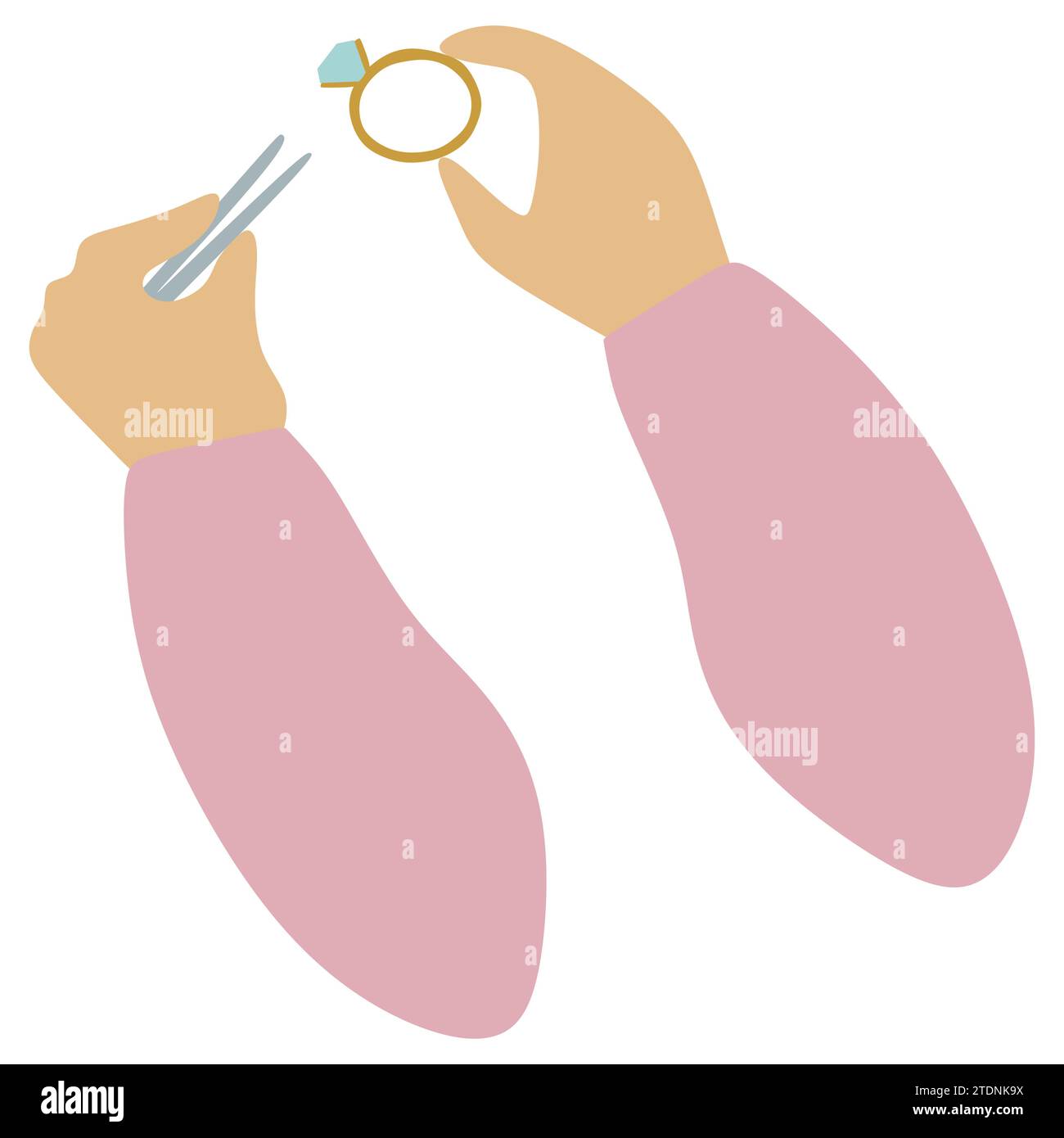 Flat jeweler hands Holding Tweezers and Ring with Big Gemstone. Cartoon ...