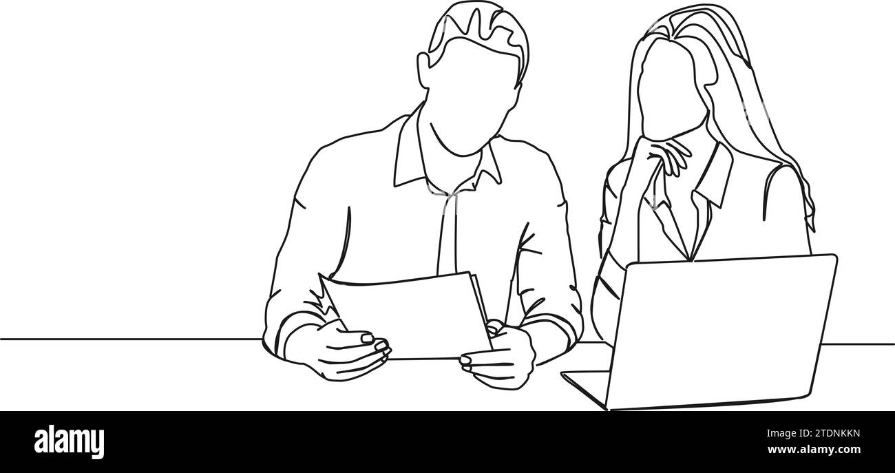 continuous single line drawing of businessman and businesswoman ...