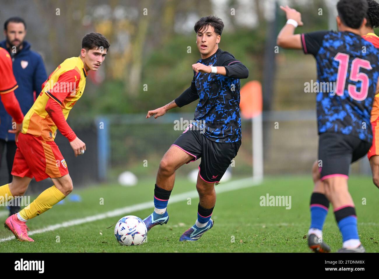 Matteo Escouflaire (2) of RC Lens watching Jesus Acuna Miguez (16) of ...