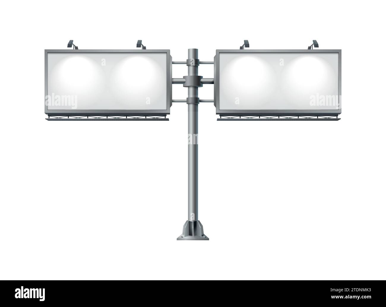 Double billboard on pole lit by lamps realistic vector illustration. Roadside advertising banner ...