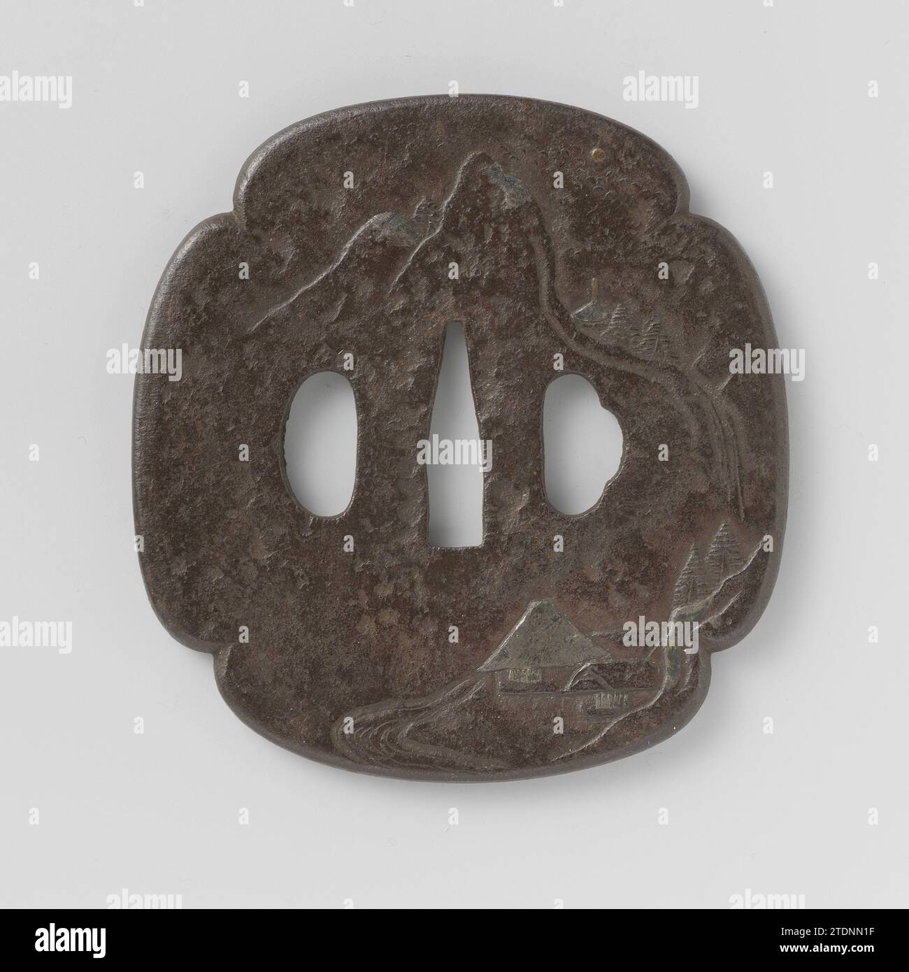 Hand guard, anonymous, 1600 - 1725 Mokko-shaped tsuba with a mountain ...