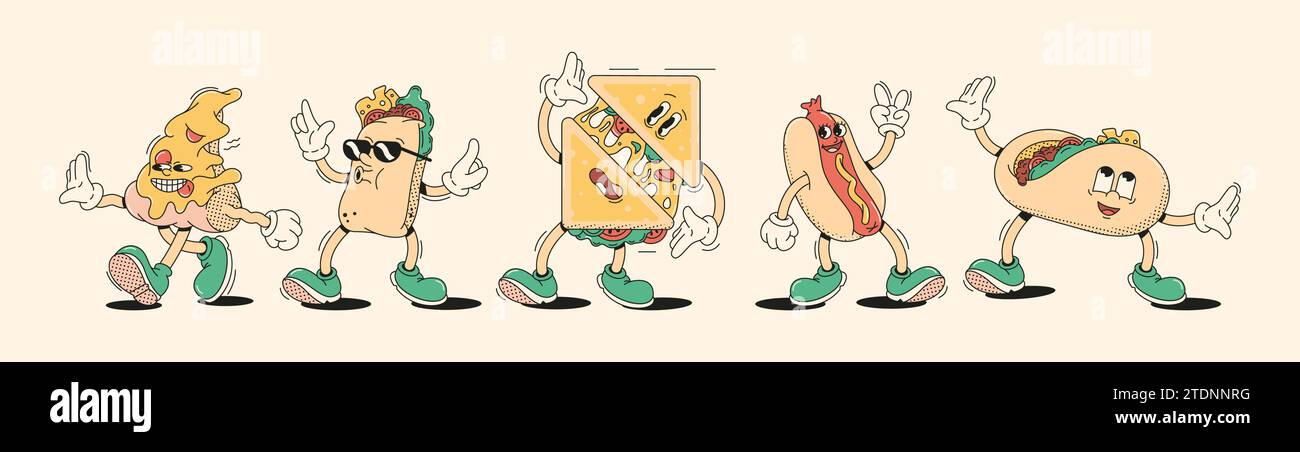 Humanized sandwiches in retro cartoon style vector illustration set ...