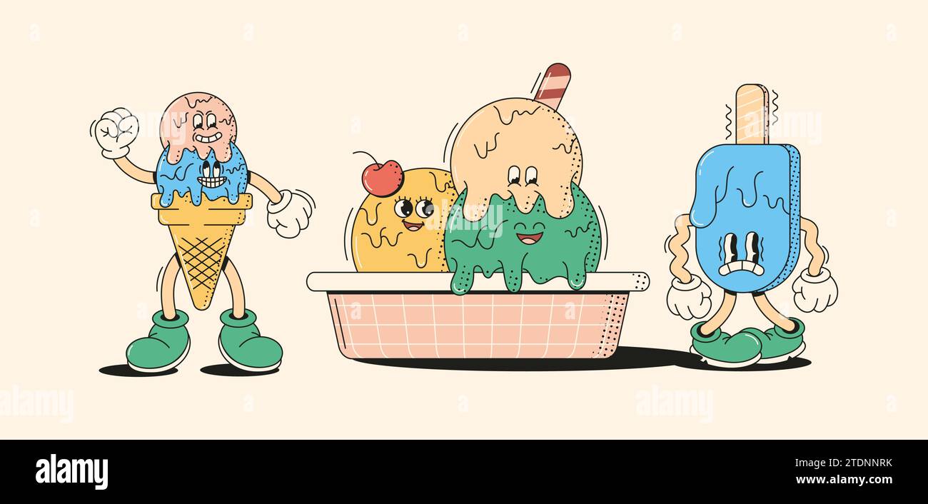 Cute ice cream characters in retro cartoon style vector illustration ...