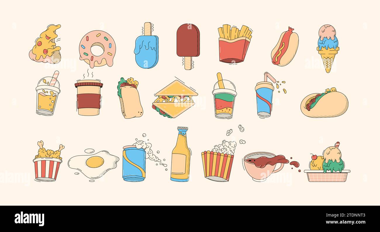 Fast food and drinks retro cartoon style vector illustration set. Tasty ...