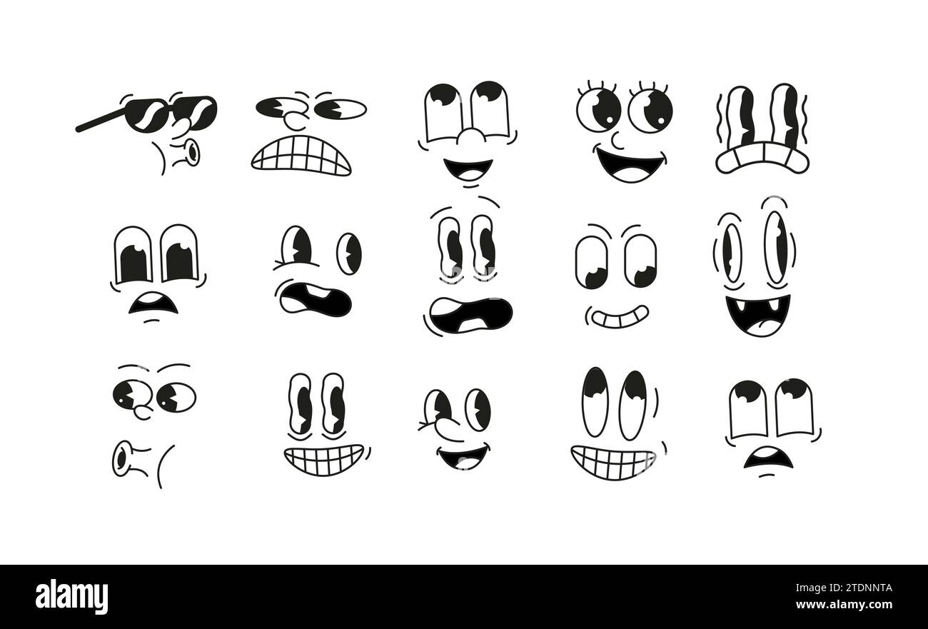 Funny retro cartoon character faces thin line vector icons set on white ...