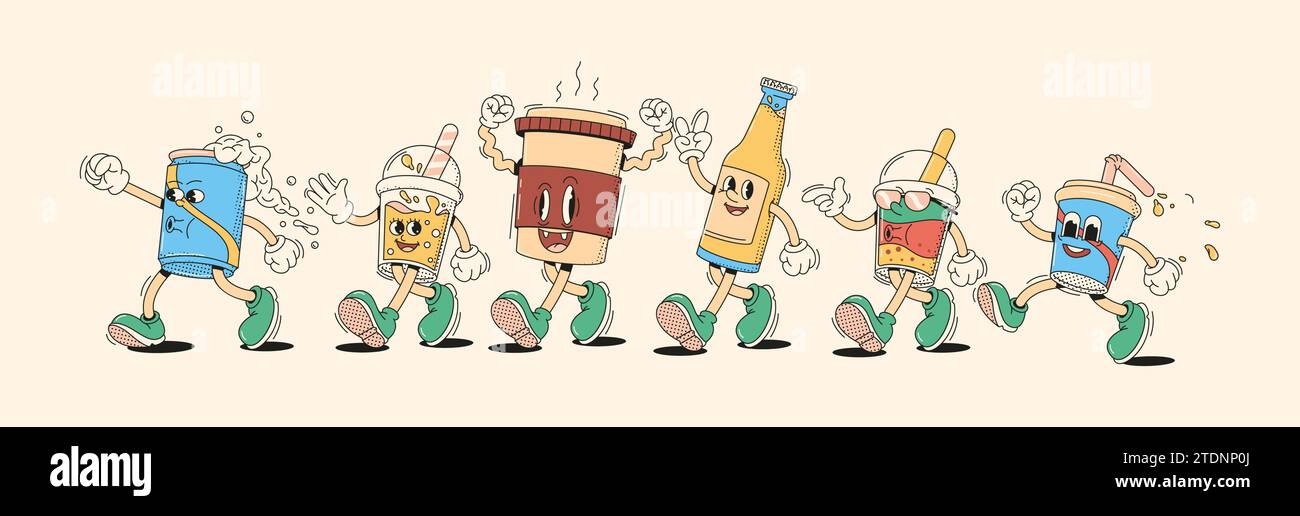 Walking drinks in retro cartoon style vector illustration set ...