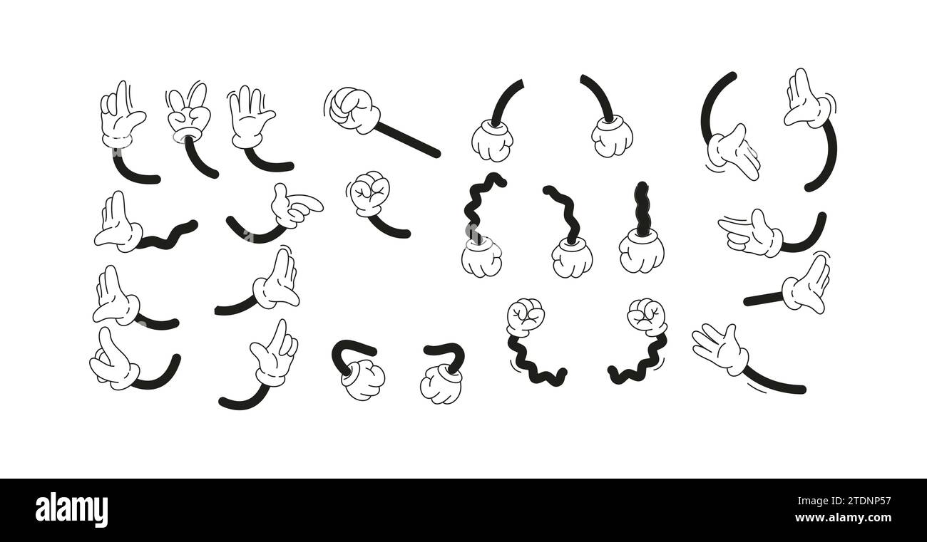 Retro cartoon character arms linear vector icons set on white ...