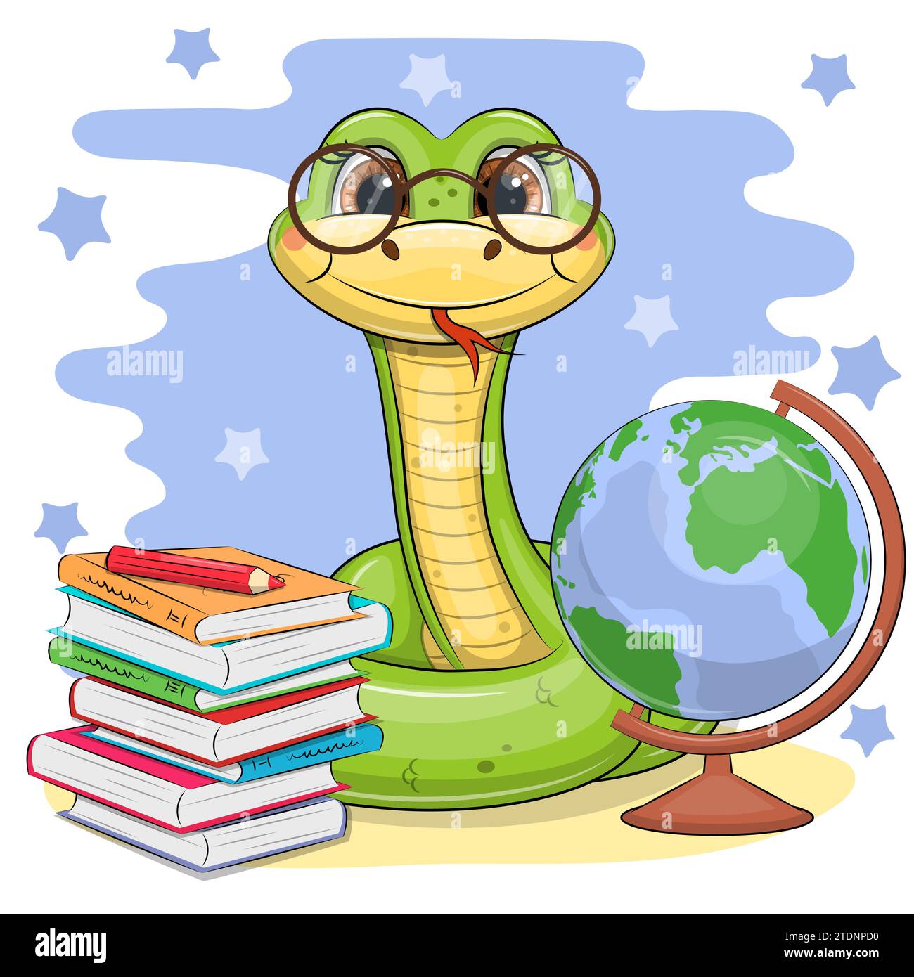 Cute cartoon green snake with books and a globe. School vector ...