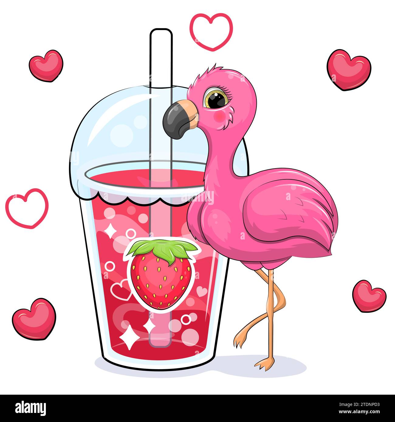Cute cartoon pink flamingo with a big strawberry drink. Vector ...