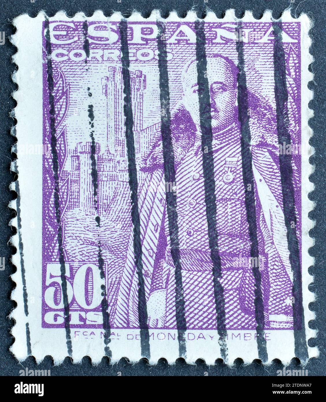 Cancelled postage stamp printed by Spain, that shows General Franco in ...