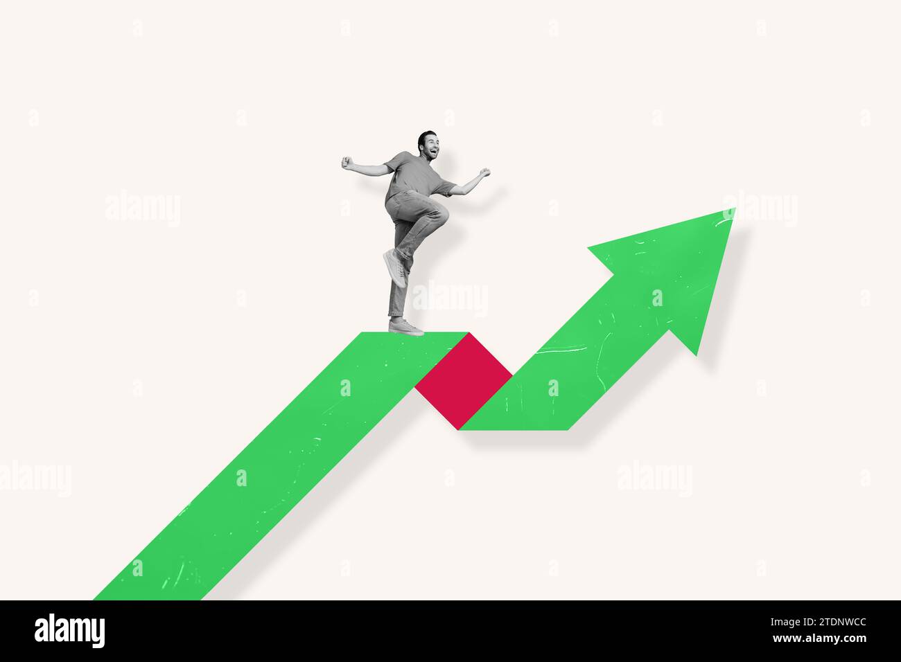 Creative trend collage of funny young man arrow pointing achieve dream ...