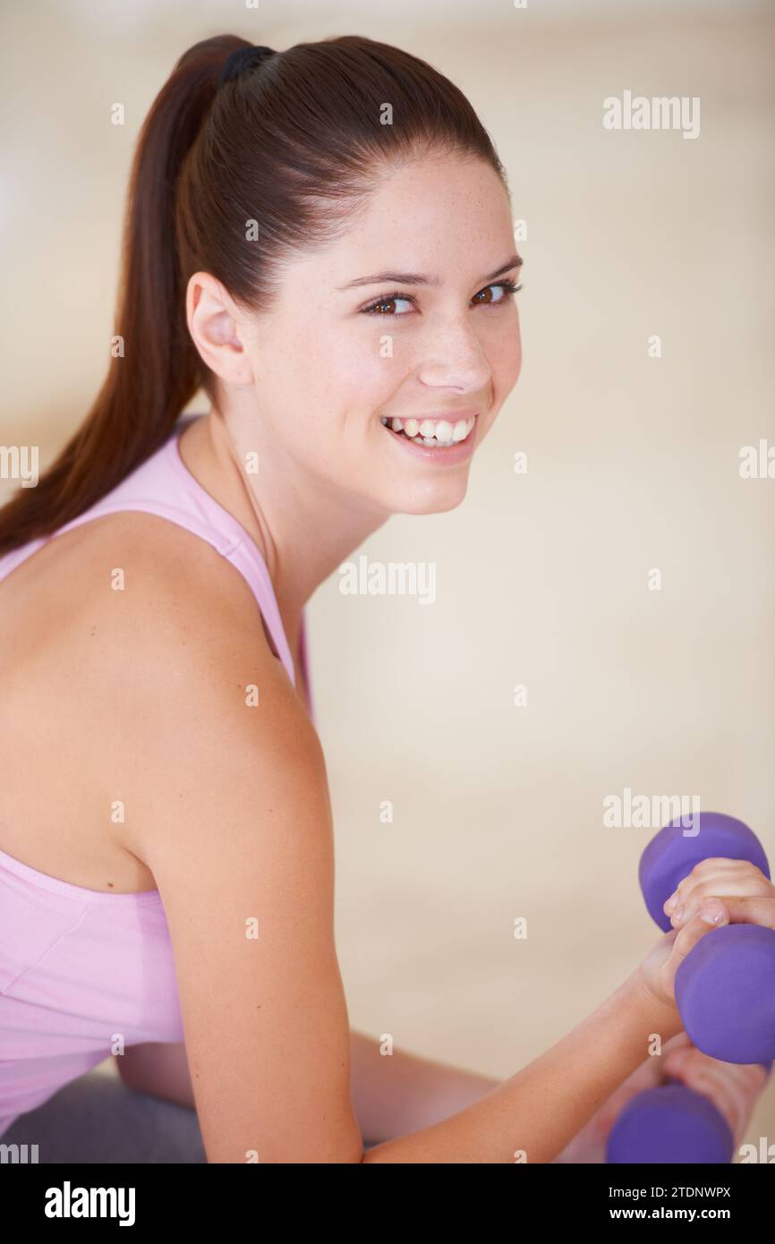 Woman, portrait and dumbbell exercise workout for routine, active ...