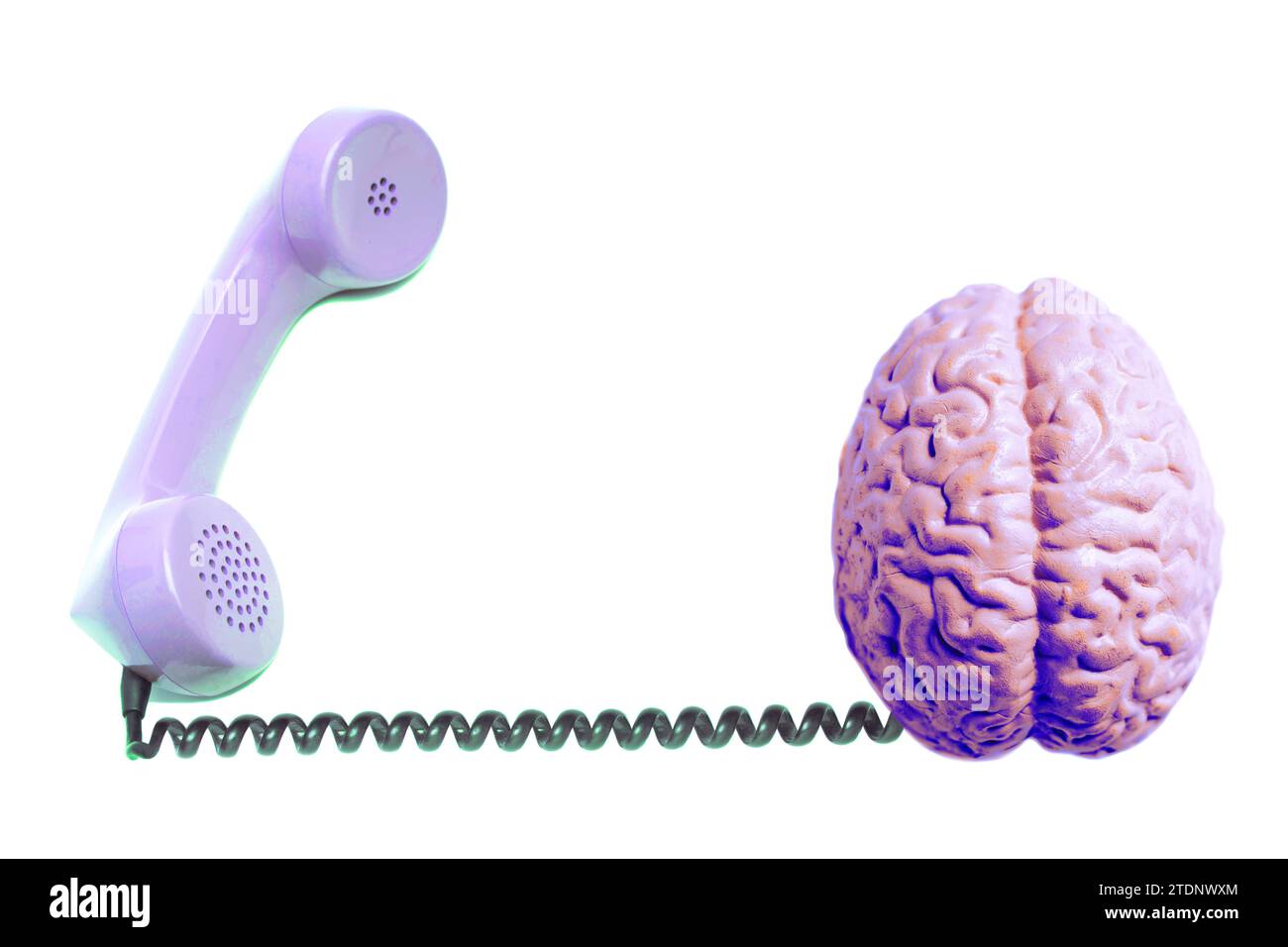 Telephone receiver with human brain anatomical model isolated on white ...