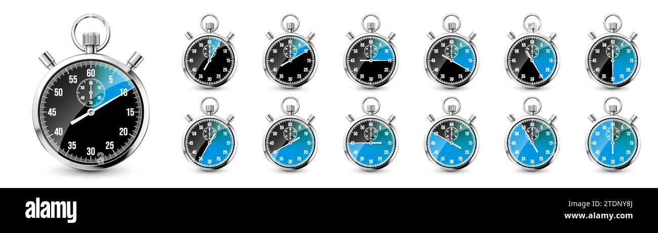 Realistic classic stopwatch. Shiny metal chronometer, time counter with ...