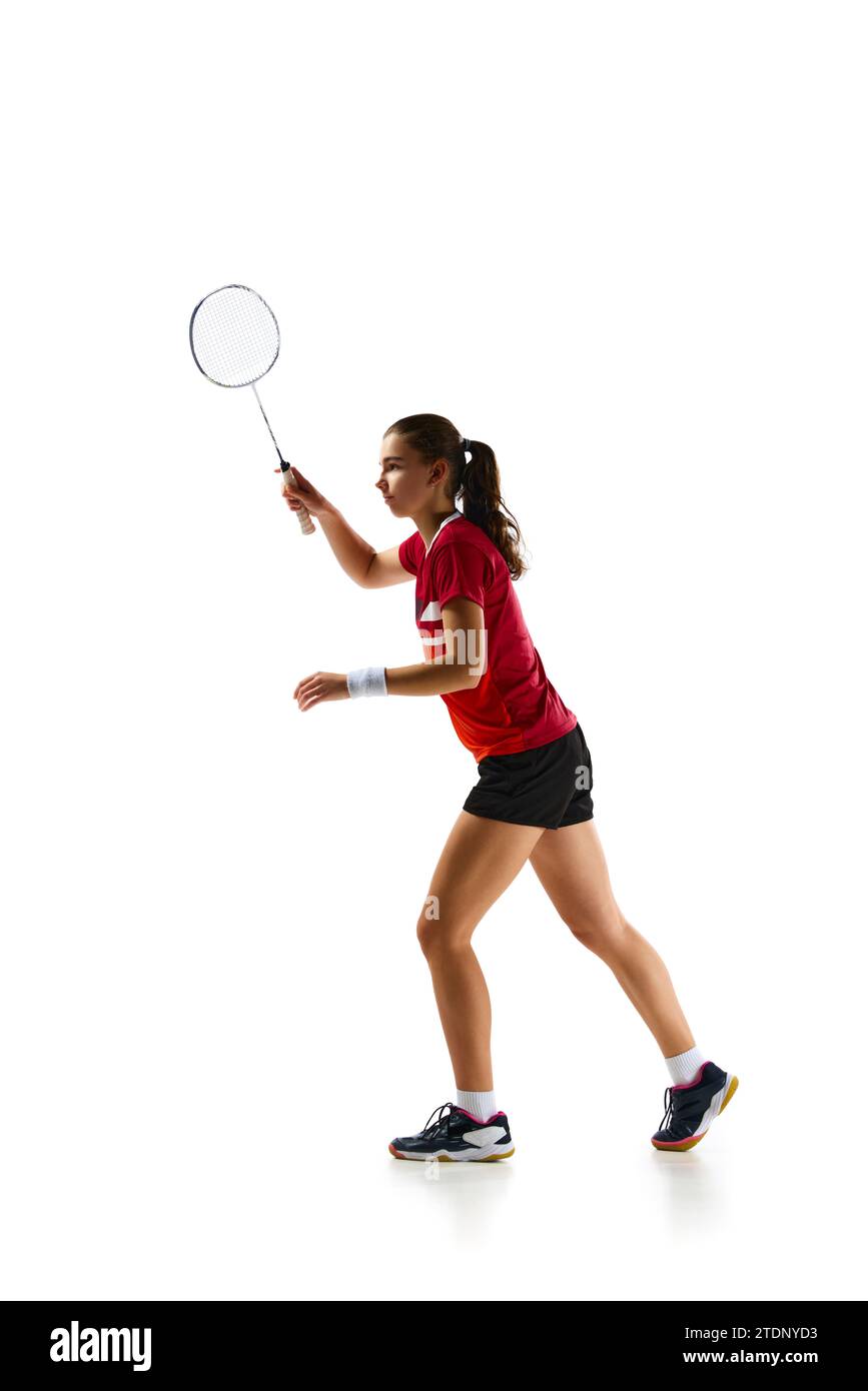Energy and dedication of skilled female badminton player in motion ...