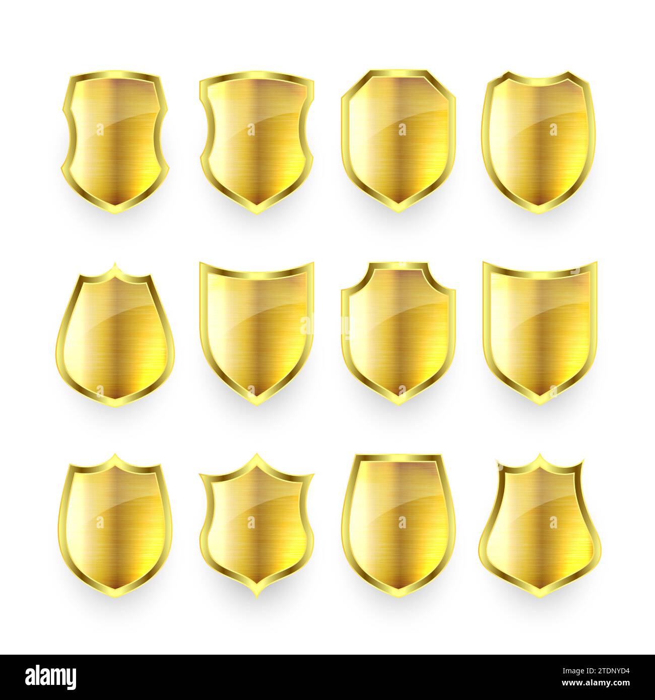 Set of various vintage 3d metal shield icons. Shiny golden heraldic ...