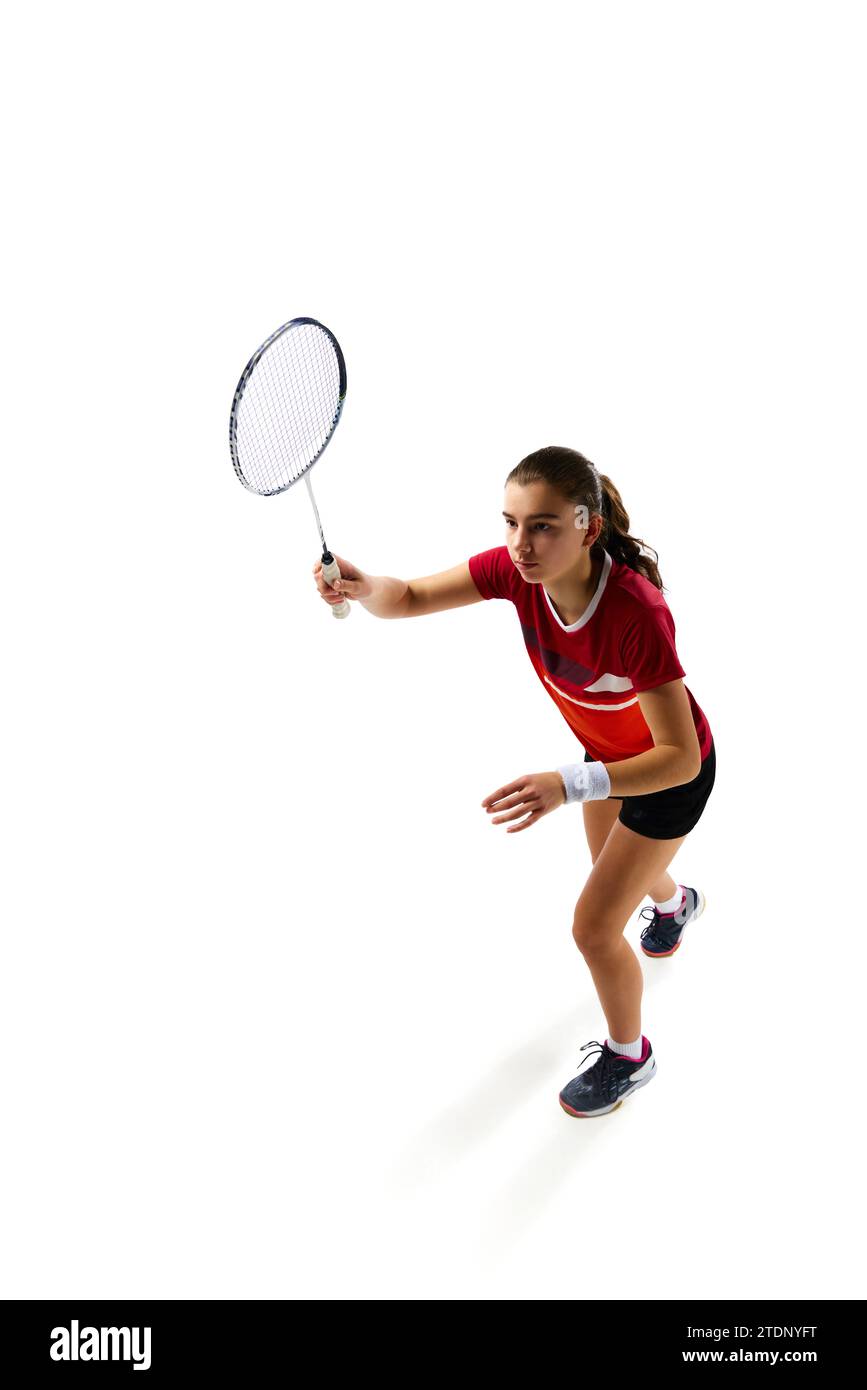 Dynamic movements of professional badminton player practicing with ...